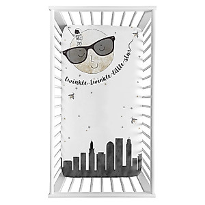 Sweet Jojo Designs Moon and Star Boy or Girl Fitted Crib Sheet Baby or Toddler Bed Nursery Photo Op - Grey, Black and Gold Modern Celestial City Skyline Twinkle Twinkle Little Star