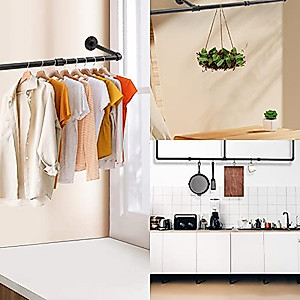 QNK Clothes Drying Rack 72 Inch Industrial Pipe Shelving Garment Bar Hanger Closet Rod Wall Mounted Heavy Duty Cast Iron w/5 Hooks 3 Bases