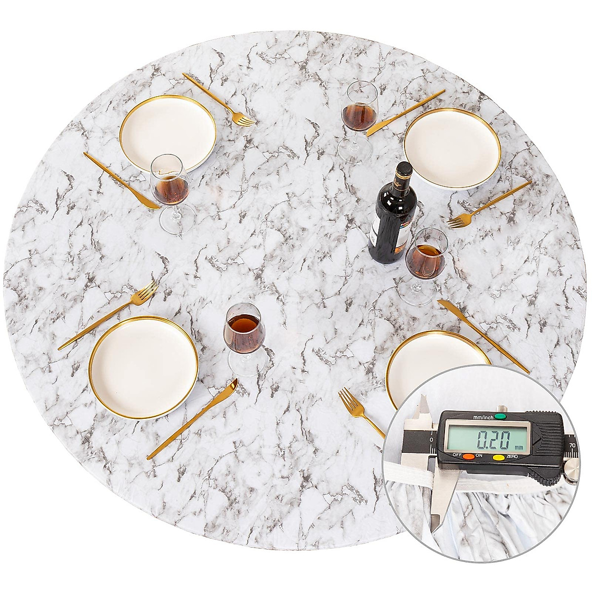 UMINEUX Round Fitted Vinyl Tablecloth with Elastic Edged & Flannel Backing, Waterproof Wipeable Round Table Cover for Indoor Outdoor Patio Use - Fits Tables up to 40" - 44" Diameter(WhiteMarble)