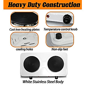 VNIMTI 2000W Countertop Burner Electric Double Hot Plate Stainless Steel Flat Burner Cast Iron Cooktop for Dorm, Office, Home, camping. Temperature Control & Compatible with All Cookware & Fast Heating & Easy to Clean & Portable Compact, White