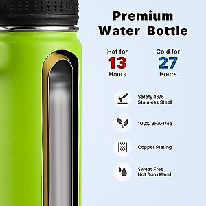 Koodee 16 oz Water Bottle-Stainless Steel Double Wall Vacuum Insulated Wide Mouth Water Flask with Straw Lid, BPA Free(Apple Green）