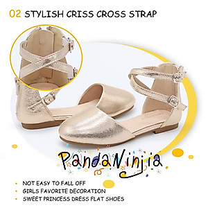 PANDANINJIA Girls Gold Dress Shoes Flats Wedding Party School Toddler Little Kids Ankle Strap Ballet Flats Sandals(Gold, 2 M US Little Kid)