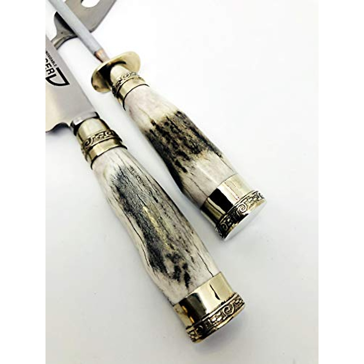 Carving set with deer handle and double nickel silver and steel ferrule in a wooden box with a glass lid