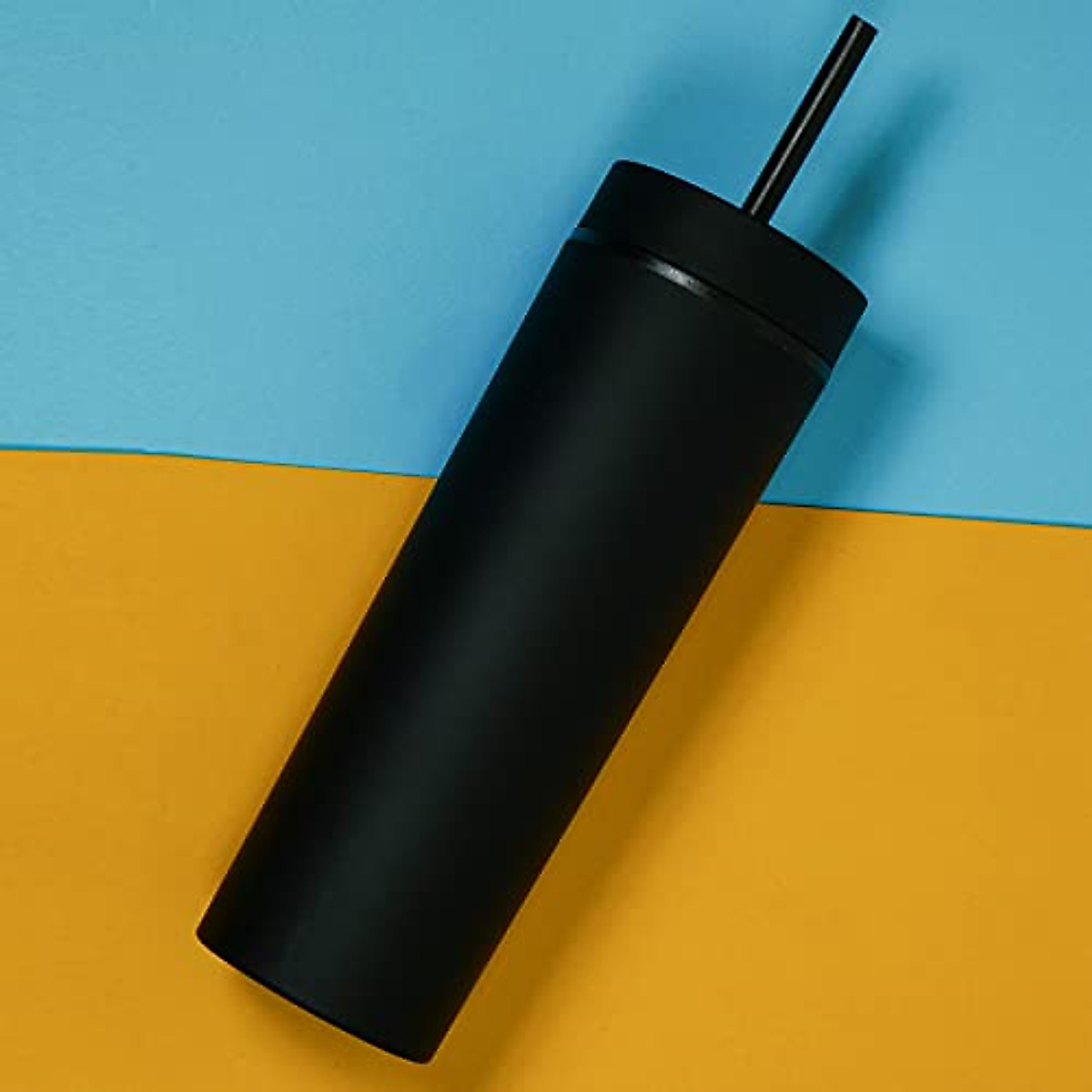 Ezhydrate SKINNY TUMBLERS (4 pack) - BLACK-16oz Matte Pastel Colored Acrylic Tumblers with Lids and Straws | Double Wall Plastic Tumbler With Lid and Straw bulk w Straw Cleaner INCLUDED