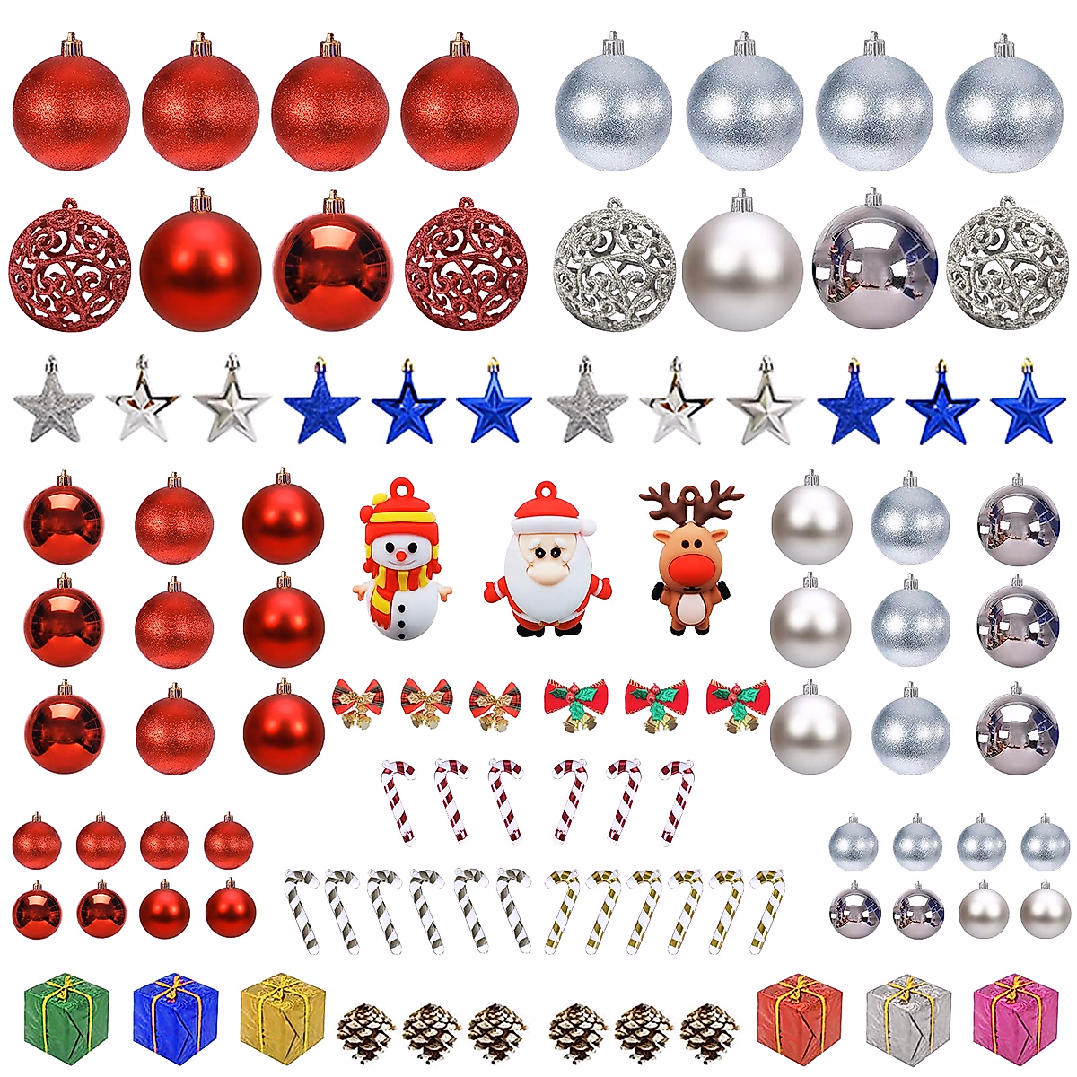 101 Pcs Christmas Tree Ornaments Ball Ornaments Set with Shatterproof Christmas Ball Decoration Santa Claus Star Pandent for Xmas Tree, Reusable Hand-held Gift Package (Red)