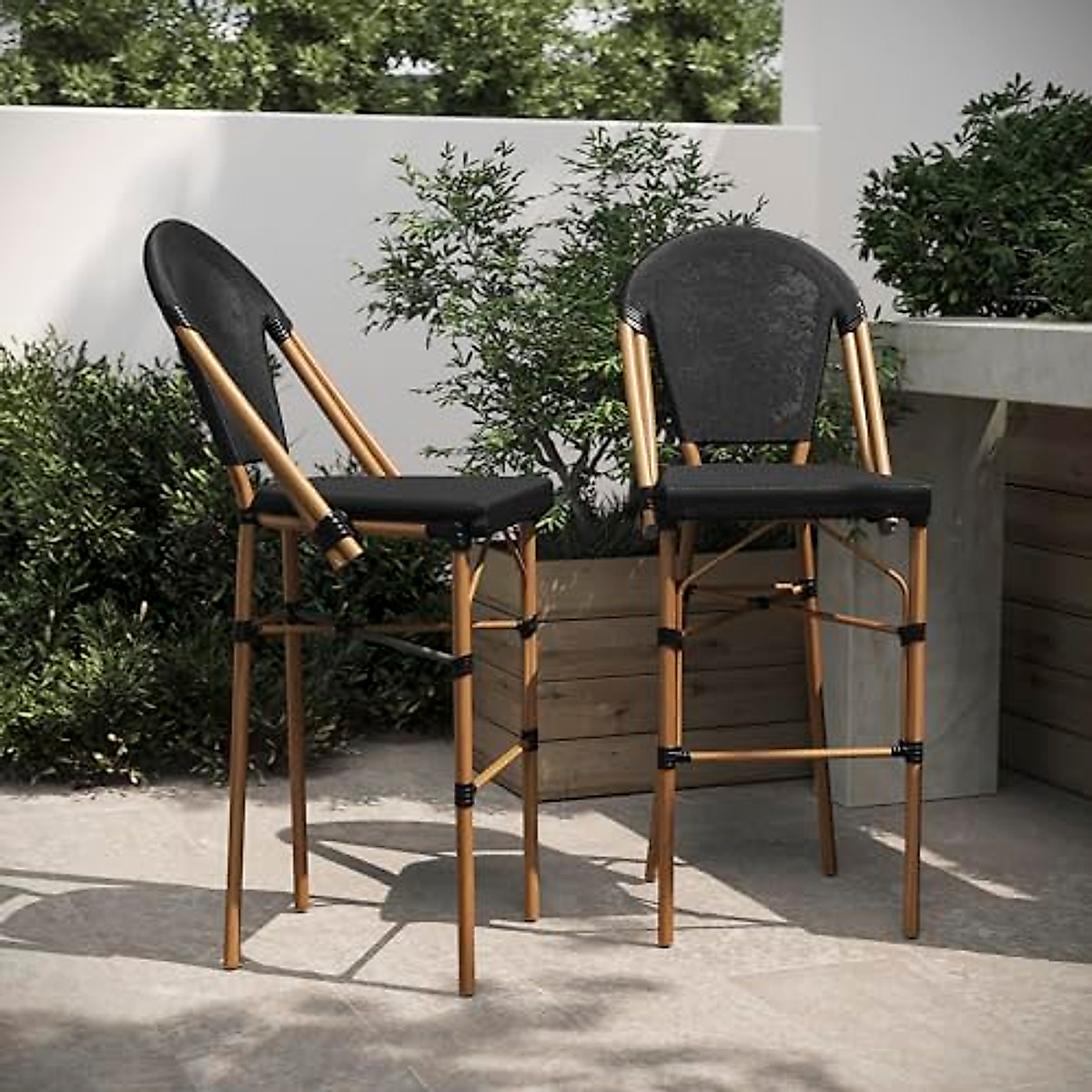Flash Furniture Marseille Indoor/Outdoor Commercial Bistro Stacking Bar Stool - Black Textilene Back and Seat - Natural Bamboo Print Metal Frame, 2 Pack
