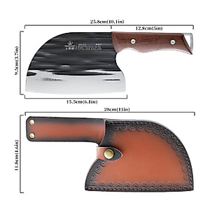 Serbain Chef Knife, Little Cook 6.1 inch Ancient Forged Meat Cleaver Knife, Premium Stainless Steel Butcher Knife with Ergonomic Wood Handle, Leather Sheath & Gift Box Included