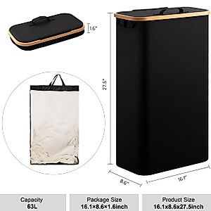 joybest 63L Slim Laundry Hamper with Lid, Black Narrow Laundry Basket with Removable Inner Bag & Bamboo Handles, Skinny Dirty Clothes Hamper for Bathroom, Bedroom & Laundry Room