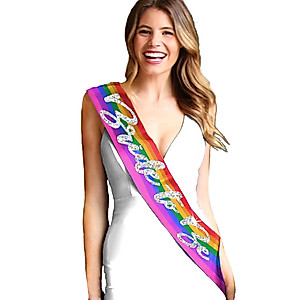 Gay Bachelorette Party Decorations - Set of 2: Silver Sparkle Glam Bride to Be Rainbow Satin Sashes - LGBTQ Couple Gifts - Set2(GlamB2B SLV) RBW