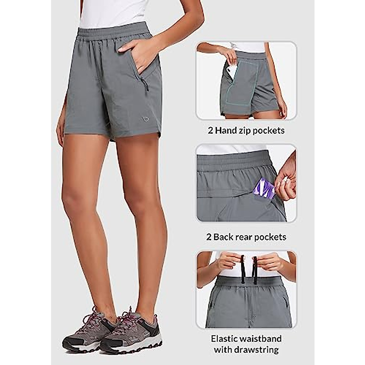 BALEAF Women's 5" Athletic Hiking Shorts Running Zipper Pockets Quick Dry Lightweight for Summer Golf Workout UPF 50+ Dark Grey Size L