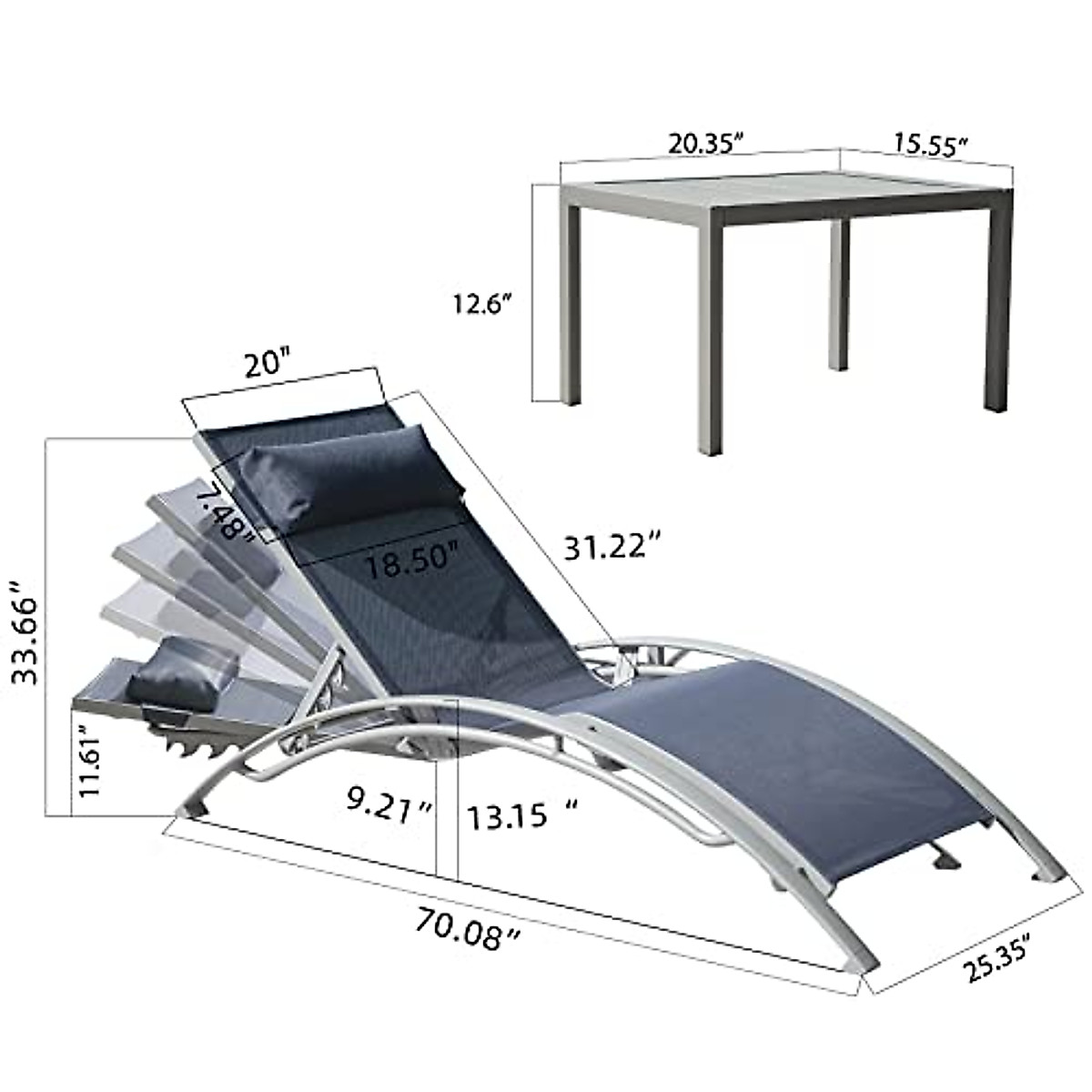Domi Outdoor Chaise Lounge Set of 3,Patio Lounge Chair with Side Table, Adjustable Garden Aluminum Reclining Chair for Pool Beach Sunbathing Chair (Blue)