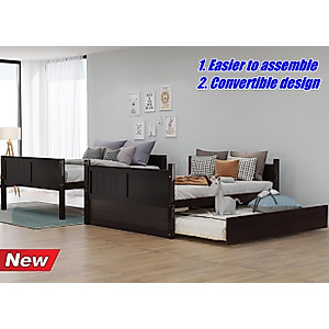 AOOMEEC Higher Quality and Stronger Solid Wood Bunk Bed Full Over Full with Trundle for Kids Teens Boys Girls Adults, Thicken More Stable Full Over Full Bunk Bed Frame, Easier to Assemble (Espresso)