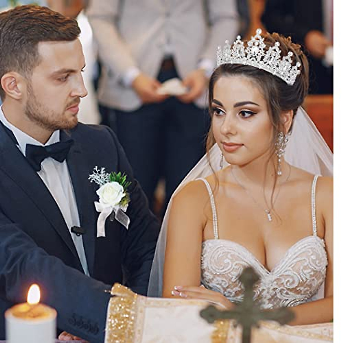 AOPRIE Corsage and Boutonniere Set Artemis Comb Tiara and Crown for Women Bride Flower Wristlet Band Bracelet of Wedding Accessories Man Suit Decorations Favor Gift