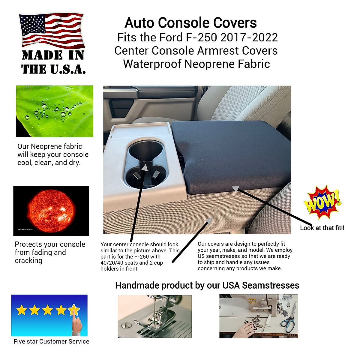 Auto Console Covers- Fits The Ford F-250 Super Duty 2017-2022 Center Console Armrest Lid Cover Waterproof Neoprene Fabric -Gray