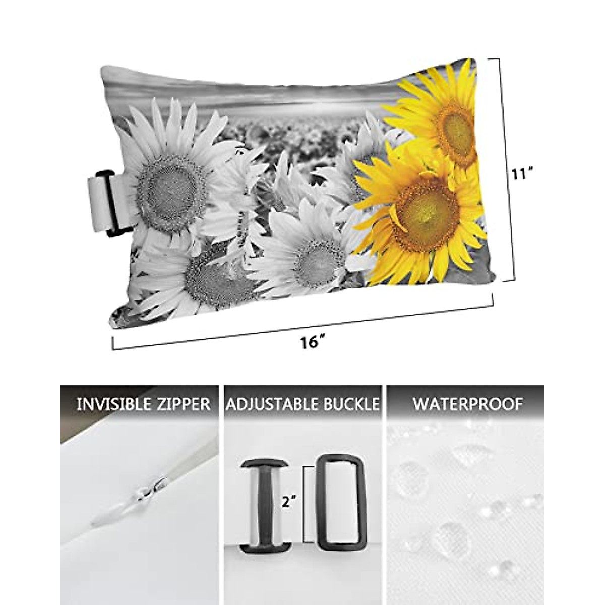Recliner Head Pillow Ledge Loungers Chair Pillows with Insert 2 Yellow Sunflowers Black and White Background Lumbar Pillow with Adjustable Strap Outdoor Waterproof Patio Pillows for Beach Pool, 2 PCS