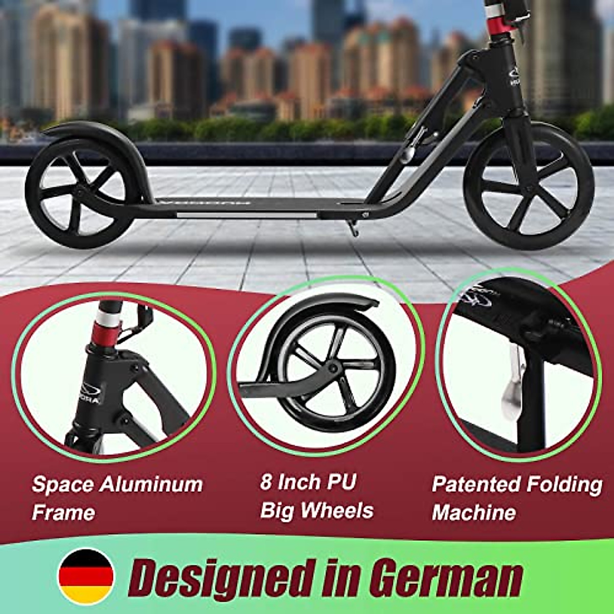 Hudora Folding ,Adjustable Height Scooter for Adults 300 Lbs ,Teens 12 Years and up, Kick Scooter for Outdoor Use (Black)