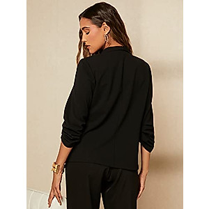Verdusa Women's 3/4 Length Sleeve Shawl Collar Ruched Sleeve Open Front Suiting Blazer Black M