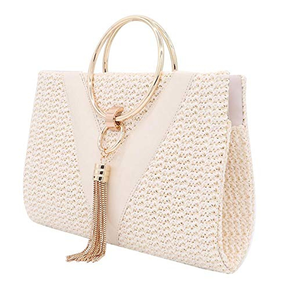 Straw Handbag Evening Bag Clutch Purses for Women,Elegant Summer Beach Tote Tassels Straw Top Handle Clutch with Chain (White)