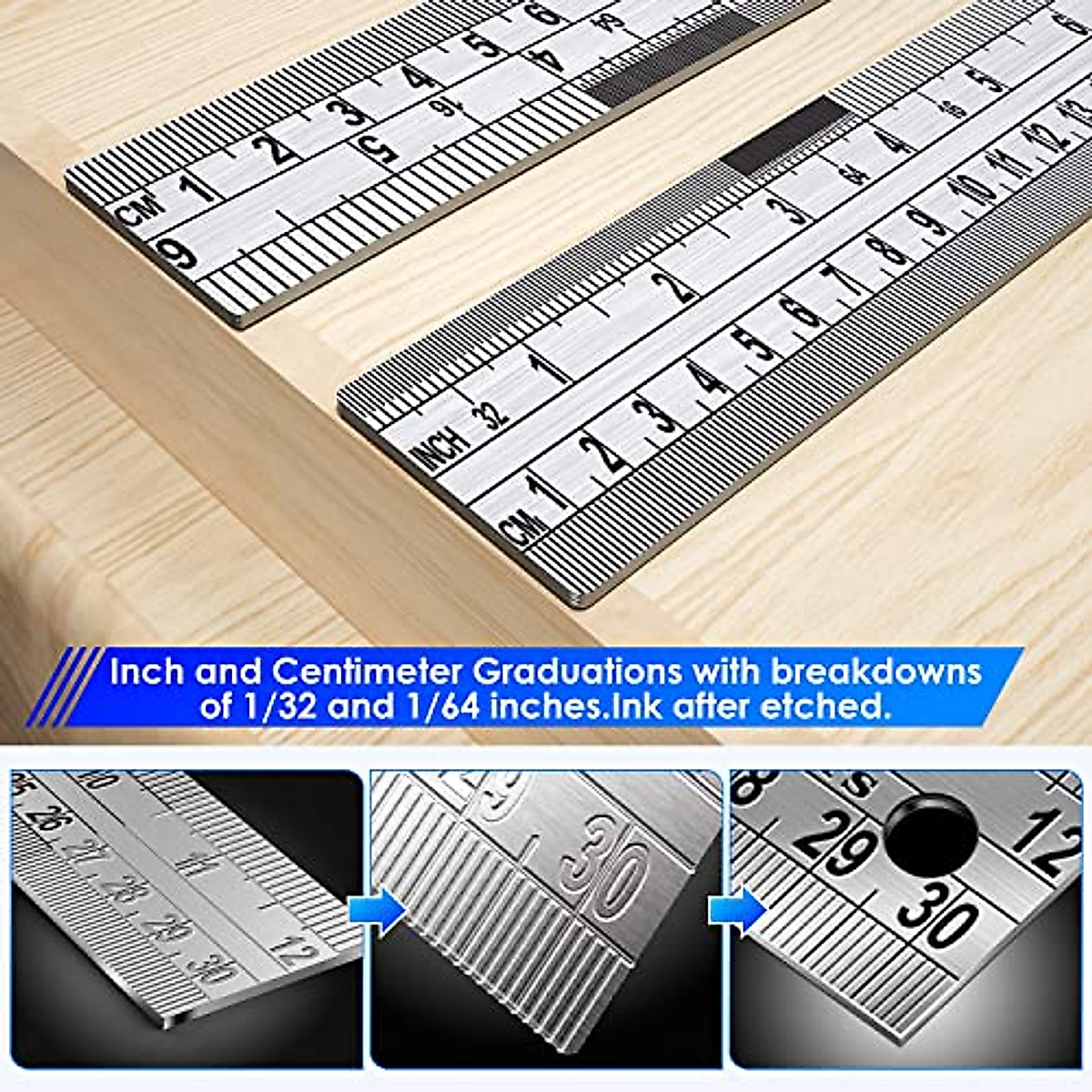 Gimars 3 Pcs Nonslip Unique Measure on Both Ends Design 6 +12 inch Stainless Steel Metal Ruler Kit, Easy to Read Inch&mm&cm Directly, More Polished Edge for School, Office, Architect, Engineers, Craft