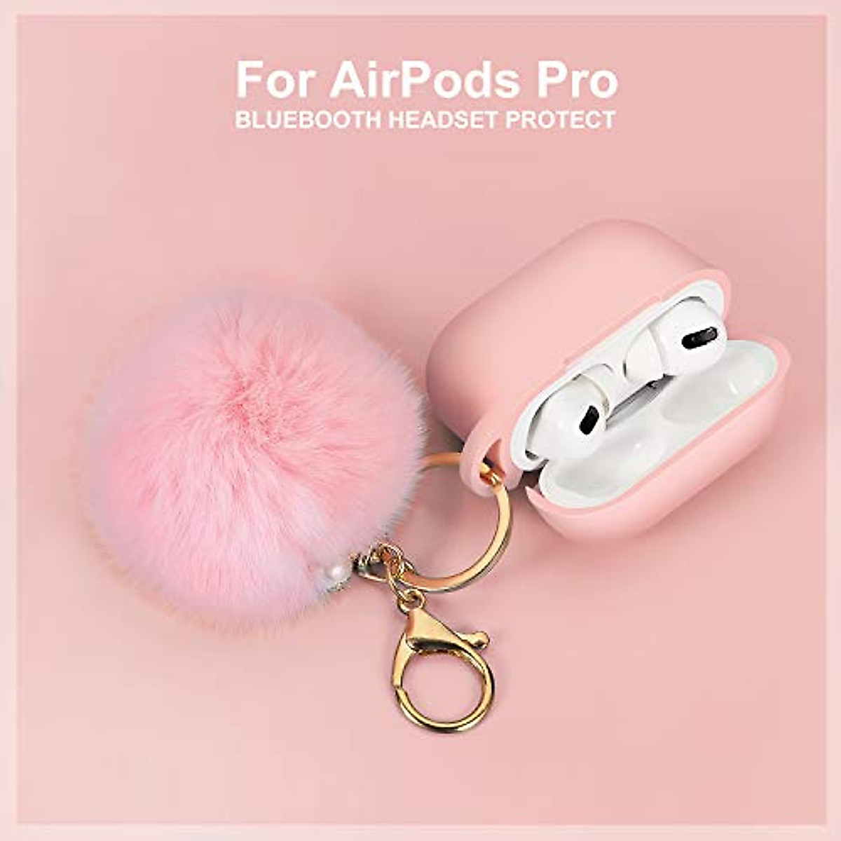 Protective Case Cover for Airpods Pro Charging Case, Upgraded Air Pods Silicone Case Skin Newest with Soft Cute Ball Pom Pom Keychain Kit (A, Pink)