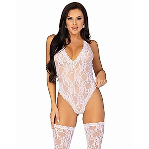 Leg Avenue womens Leg Avenue 2-piece Floral Lace Deep-v Neck Teddy and Matching Thigh Highs, One Size, Black adult exotic hosiery, White, One Size US