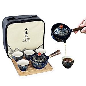 fanquare Porcelain Portable Travel Tea Set, Gold Flower Pattern, 4 Cups, Teapot and Bamboo Tea Tray with Travel Bag, Dark Green