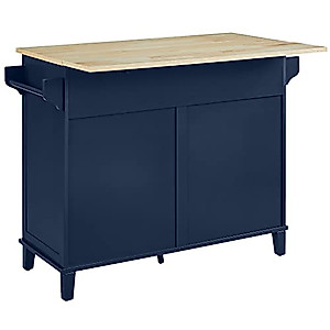 Crosley Furniture Cora Drop Leaf Kitchen Island Microwave Stand, Coffee Bar with Storage Drawers and Shelves, Navy