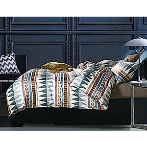 Bohemian Duvet Cover Striped Ethnic Boho Reversible Southwestern 400TC Cotton Bedding 3pc Set Navy White Orange Modern Geo Aztec Print (Teal Rust, King)