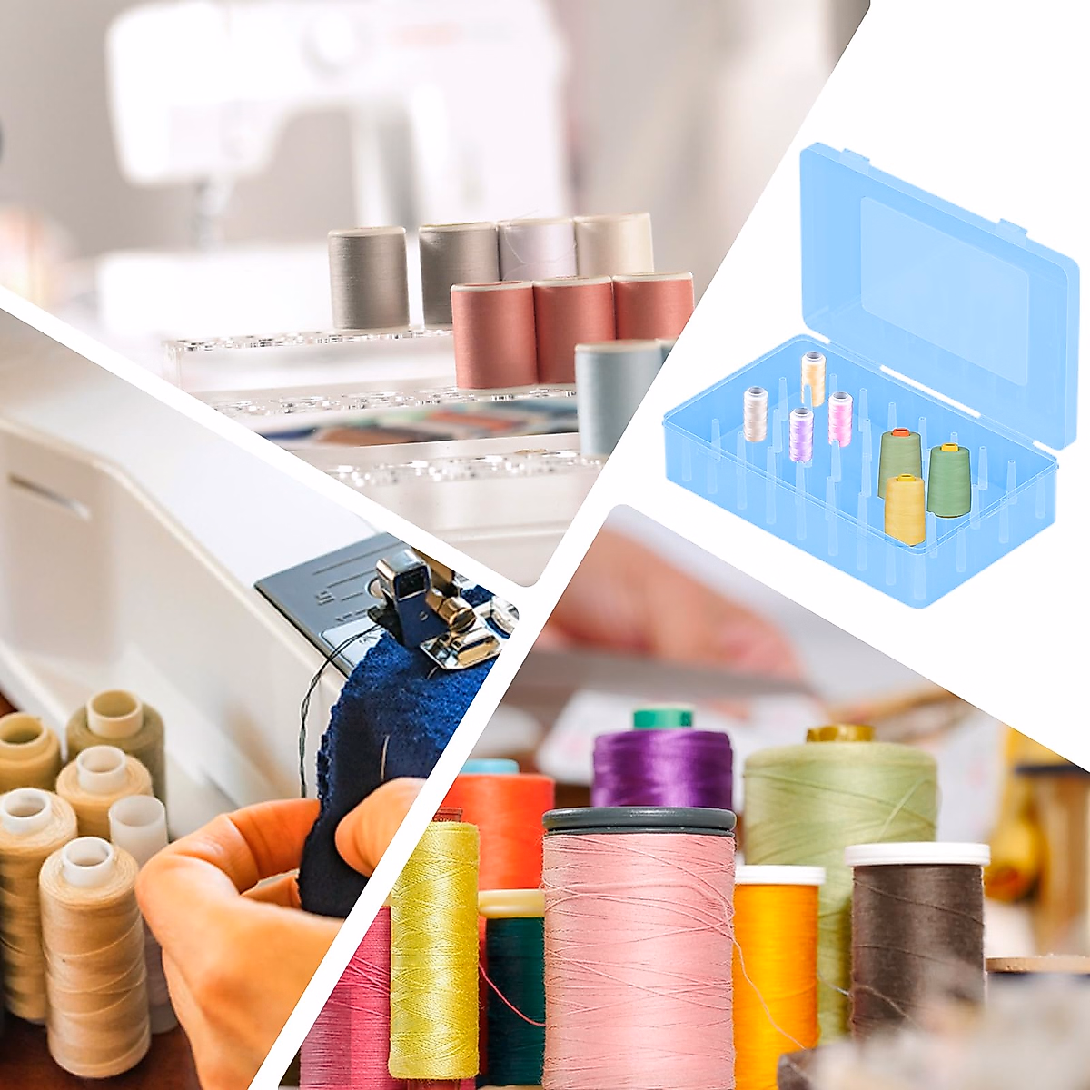 42 Slot Sewing Thread Blue Storage Box Bobbin Needle Spool Holder Organizer Embroidery Household DIY Sewing Accessories, Contain 2 Size Spool 30 pcs 0.5(D) x 2.4(H) in + 12 pcs 1(D) x 2.4(H) in