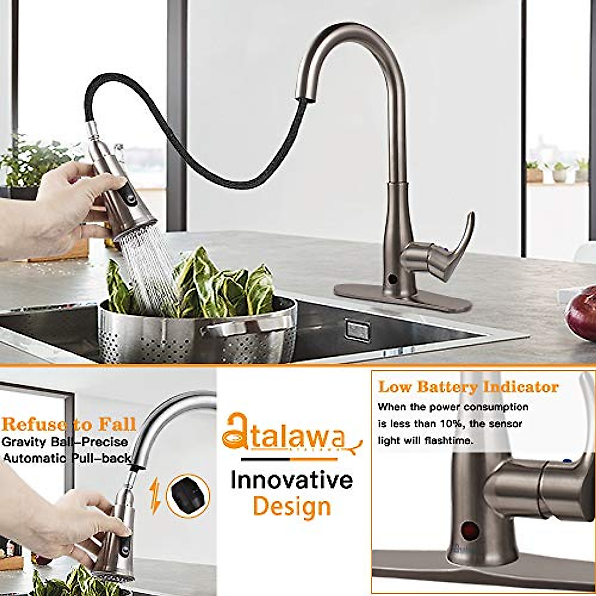 Touchless Kitchen Faucet, Kitchen Sink Faucet with Pull Down Sprayer, Dual Function Pull Out Spray Head, One Hole and 3 Hole Deck Mount, Single Handle for Automatic Motion Sensor, Brushed Nickel