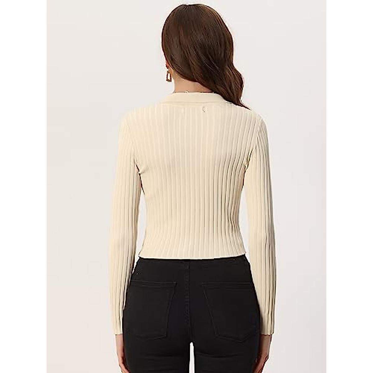 Allegra K V Neck Crop Knit Sweater Tops for Women's Ribbed Casual Long Sleeve Solid Top Medium Beige
