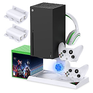 YUANHOT Vertical Cooling Stand Compatible with Xbox Series X, Charging Station Dock with 1400mAh Rechargeable Battery Pack and Dual Controller Charger Ports (NOT Compatible with Xbox One X/S), White