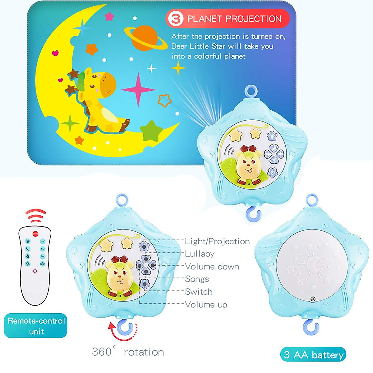 caterbee Baby Crib Mobile for Pack and Play, Crib Toys with Light and Musicial, Remote,Projector for Ages 0+ Months (Pink-Forest)