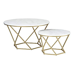 Walker Edison Modern Round Nesting Coffee Table Living Room Accent Ottoman Storage Shelf, Set Of 2, Marble and Gold
