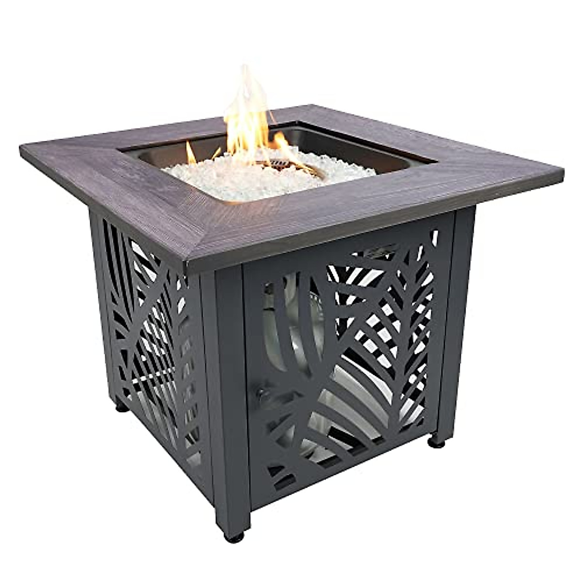 Endless Summer Lindsey 30 Inch Square Outdoor UV Printed 50,000 BTU LP Gas Fire Pit​ Patio Table with Faux Wood Mantel and Stamped Steel Base