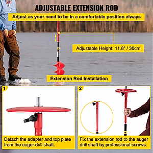 VEVOR Ice Drill Auger, 8" Diameter Nylon Ice Auger, 39" Length Ice Auger Bit,Auger Drill with 11.8" Extension Rod,Auger Bit w/Drill Adapter,Top Plate & Blade Guard for Ice Fishing Ice Burrowing Red