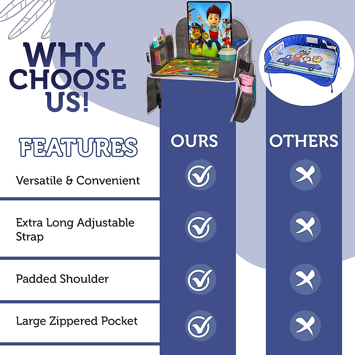 Kids Travel Tray with Dry Erase Board, Road Trip Essentials Kids, No-Drop Tablet Holder, Lap Desk, Cup Holder, Toddler Toy Storage, Fits Airplane and Booster Seat (Grey/Animals)