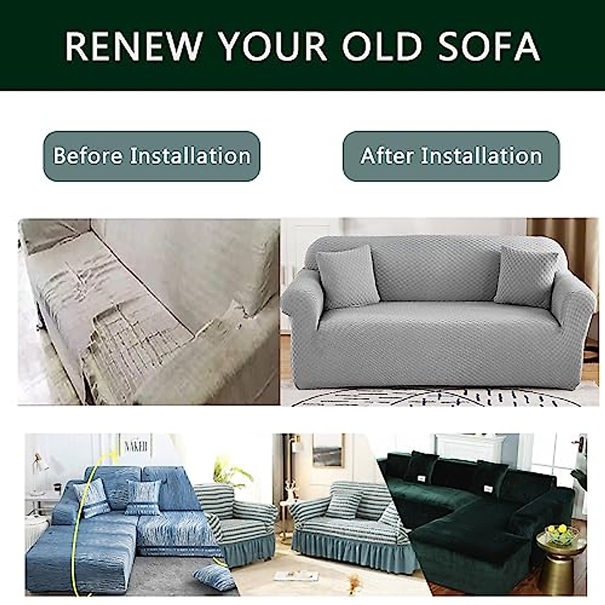 JunJiale Couch Cover 1-Piece Sofa Covers Non Slip Furniture Protector Couch Slipcover for Sofa Soft Stretch Slipcovers (4 Seater, Lake Blue