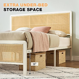 GarveeHome Queen Size White Rattan Bed Frame with LED Lights, Bed Frames with Rattan Headboard, Metal Rattan Platform with Under-Bed Storage, No Box Spring Needed, Noise Free