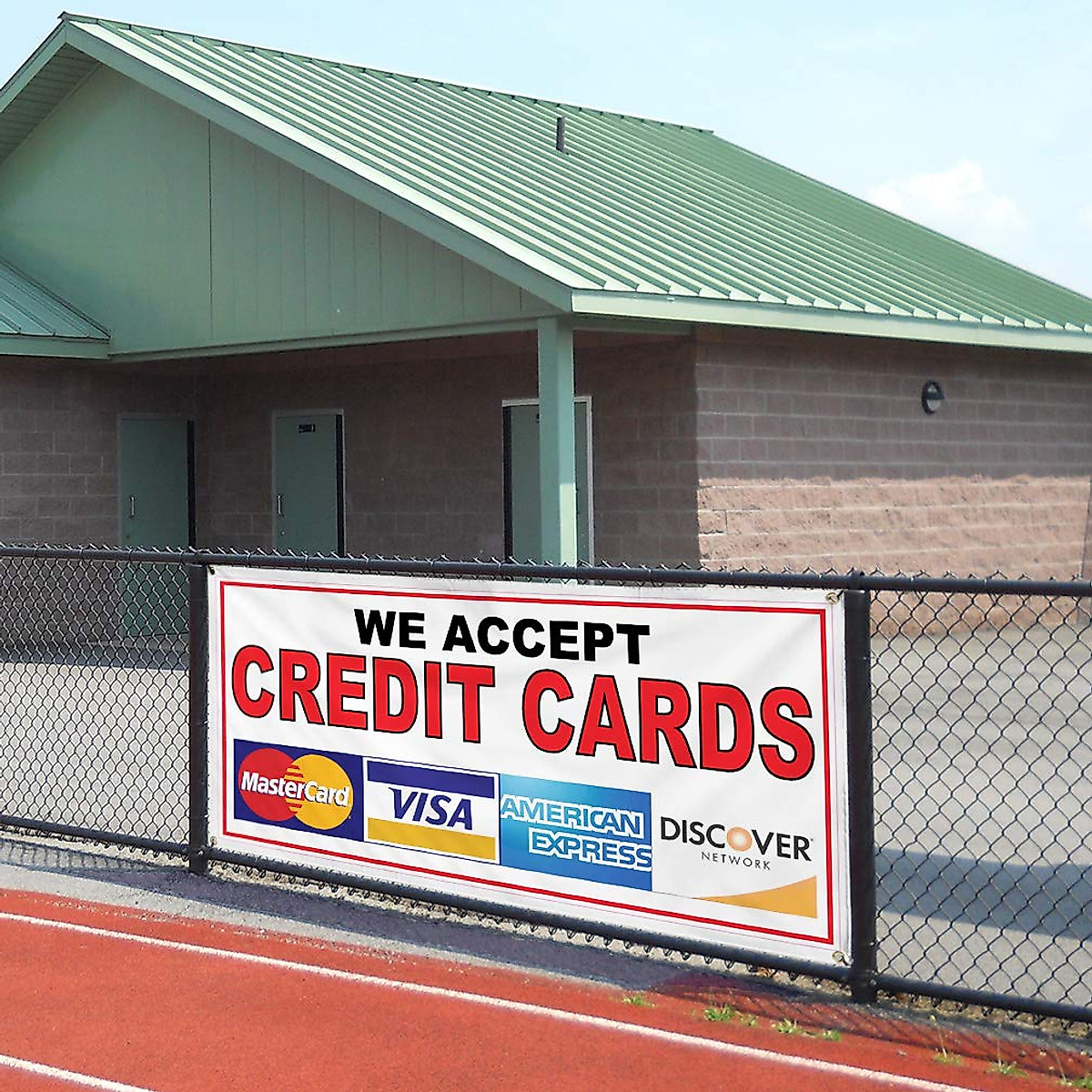 Vinyl Banner Sign We Accept Credit Cards Restaurant Cafe Bar Marketing Advertising Red - 12inx30in, 4 Grommets, One Banner