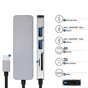 5 in 1 TypeC to Multi Interface Hub,TypeC 5.0GBS Docking Station TypeC to HD Multimedia Interface/Storage Card/USB Adapter with 4K Connection