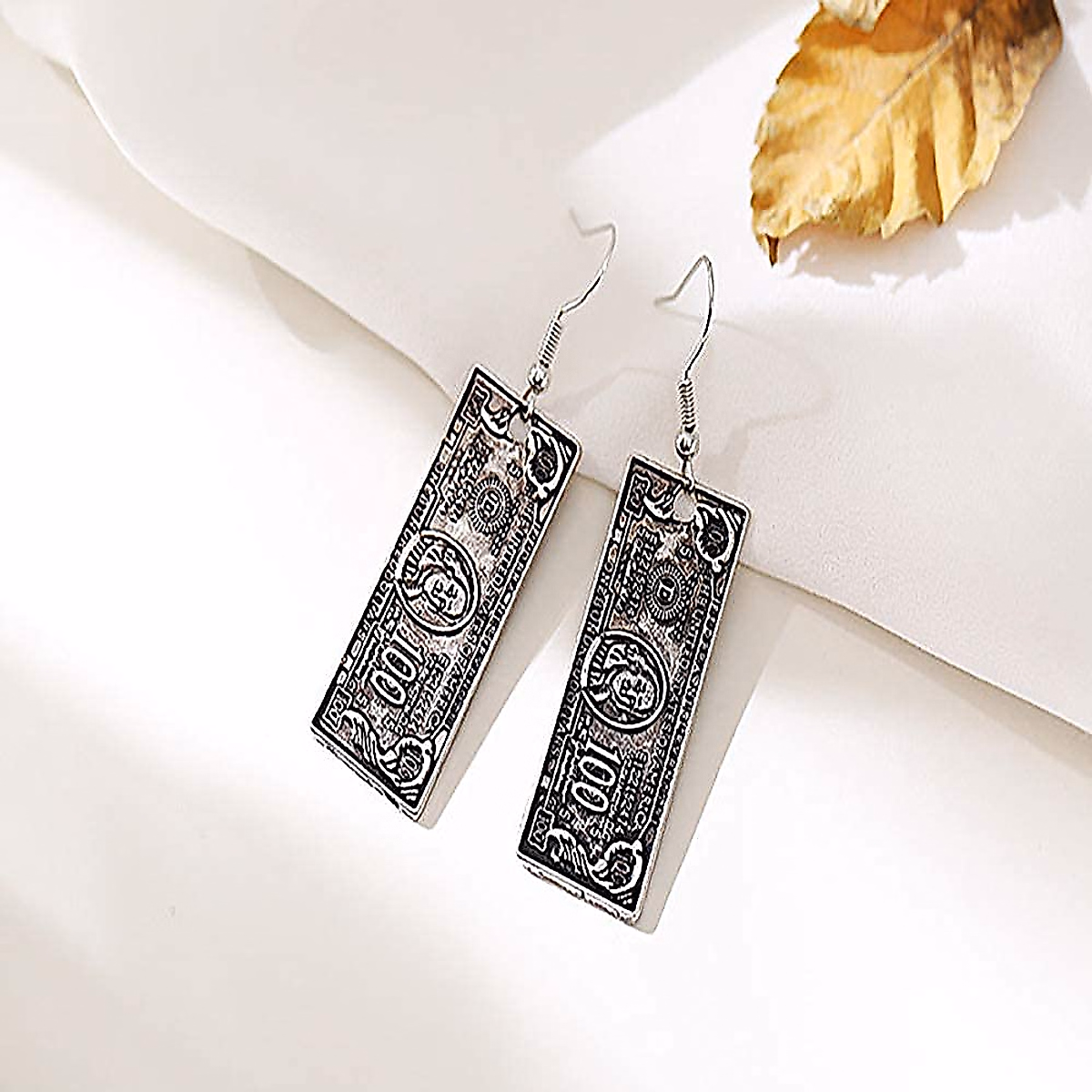 YOOE Cute 100 Dollar Bill Money Currency Dangle Earrings.Punk hiphop Paper Cash Drop Earrings.Antique Silver Gold For Women Jewelry (Silver 2)