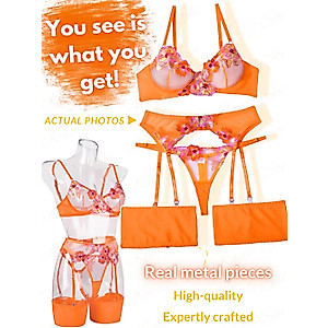 Kaei&Shi Glow in the Dark Lingerie for Women,Underwire Floral Embroidered Sexy Lingerie Set,Blacklight Matching 4 Piece Lingerie Petite Neon Orange X-Small