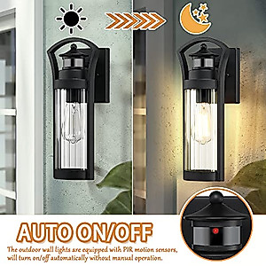 PTRWOROA Dusk to Dawn Motion Sensor Outdoor Wall Light, 15 Inches Large Black Exterior Wall Sconce Lantern Lighting with Ribbed Glass, Wall Mounted Light Fixture for Garage Porch Patio