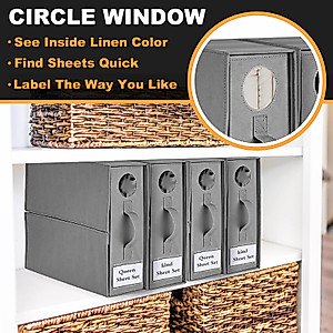 Aucoofany Bed Sheet Organizers 2/4-Pack Set, Foldable Sheet Organizer for Linen Closet, Sheets Set Folder Keeper with Window, Organizing Bedding Clothes Blanket Towels Container (Gray, 4 Pack)