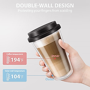 Double Walled Glass Coffee Mugs with Silicone Lids,12 OZ 2 Packs Insulated Drinking Coffee Cups with Lids, Dishwasher Safe Reusable Glass Iced Coffee Cups for Morning Coffee, Hot or Cold Drink