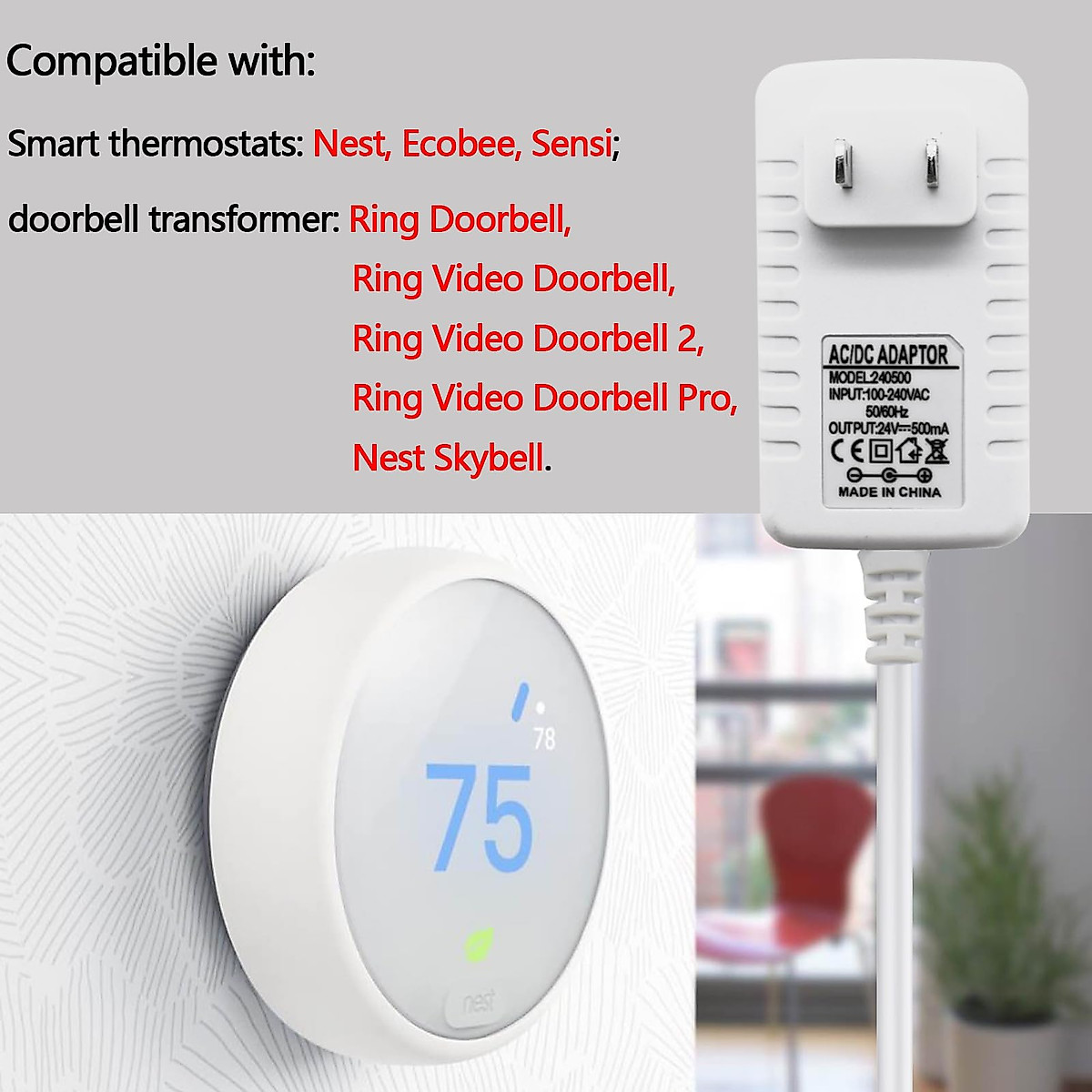 C Wire Adapter for Amazon Nest Thermostat 24V Transformer Power Supply Compatible with Ecobee Ring Doorbell Sensi Eufy Plug in Smart Power Connector 26ft Long Charger Cord