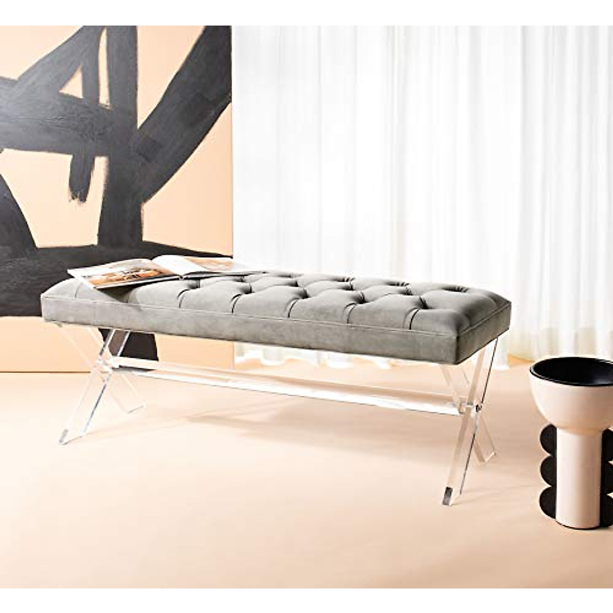 Safavieh Couture Home Tourmaline 48-inch Glam Dark Grey Velvet Tufted Acrylic Bench