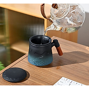 NCQIXIAO Tea Cup with Infuser and Lid, Gradual Mountain and Spray Tea Mug Cups with Infuser, Wood Handle Ceramic Coffee Mug with Lid Tea 430ml/14.50 OZ (Gradient Blue)