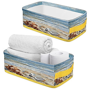 Tablerazzi Ocean Beach Shell Toilet Tank Topper Paper Basket with Handle, Beach Theme Storage Basket for Organizing, Small Fabric Storage Bins for Bathroom Decor